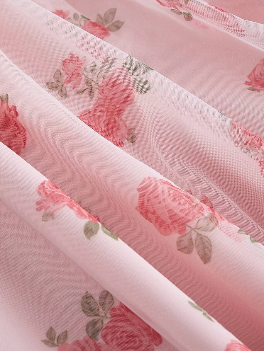 SHEIN MOD Short-Sleeved Pink Flowers Mesh Printed Party Dress With ...