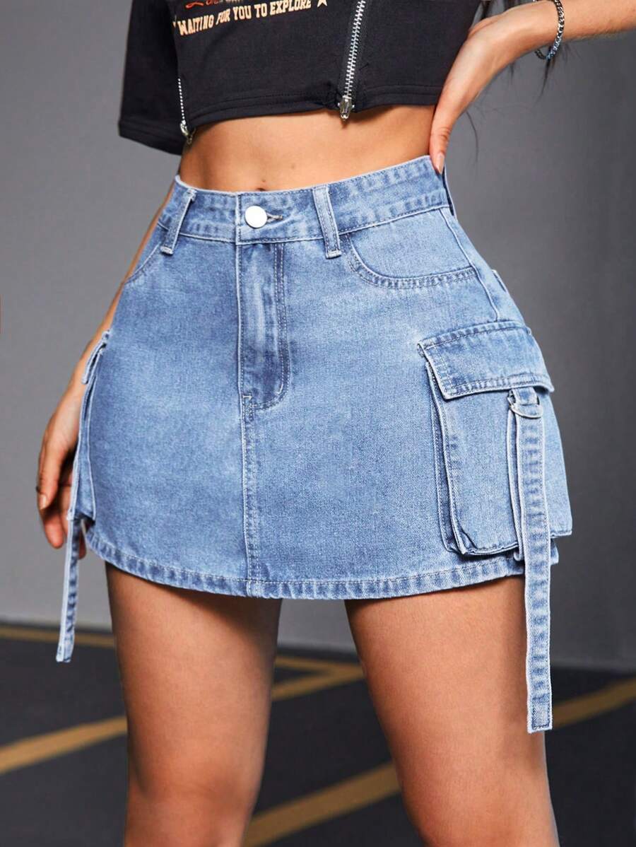SHEIN EZwear Women's Solid Color Denim Skirt With Pockets And Buttons ...