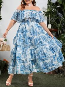 SHEIN SunnyBelle Plus Size Women's Vacation Tiered Ruffle Dress With ...