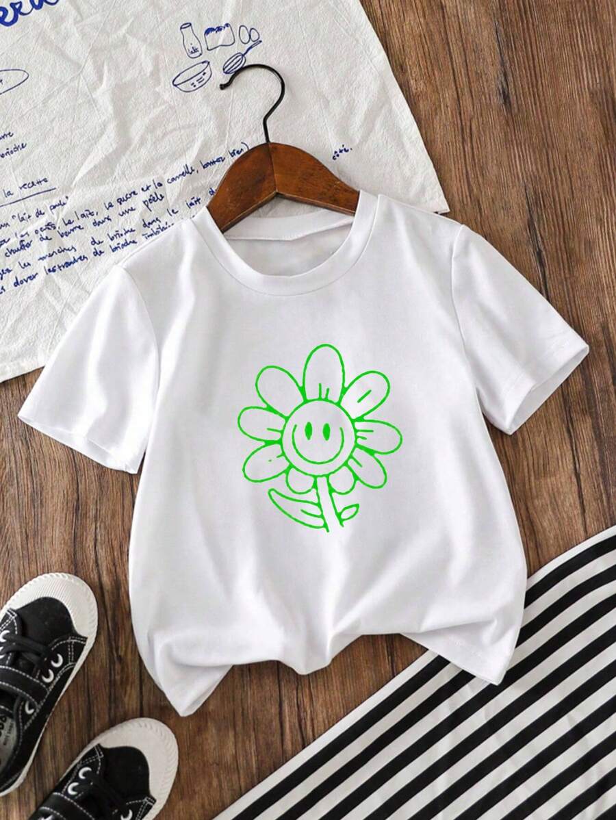 T-shirt d"été simple pour filles pré-ados à col rond imprimé à manches ...