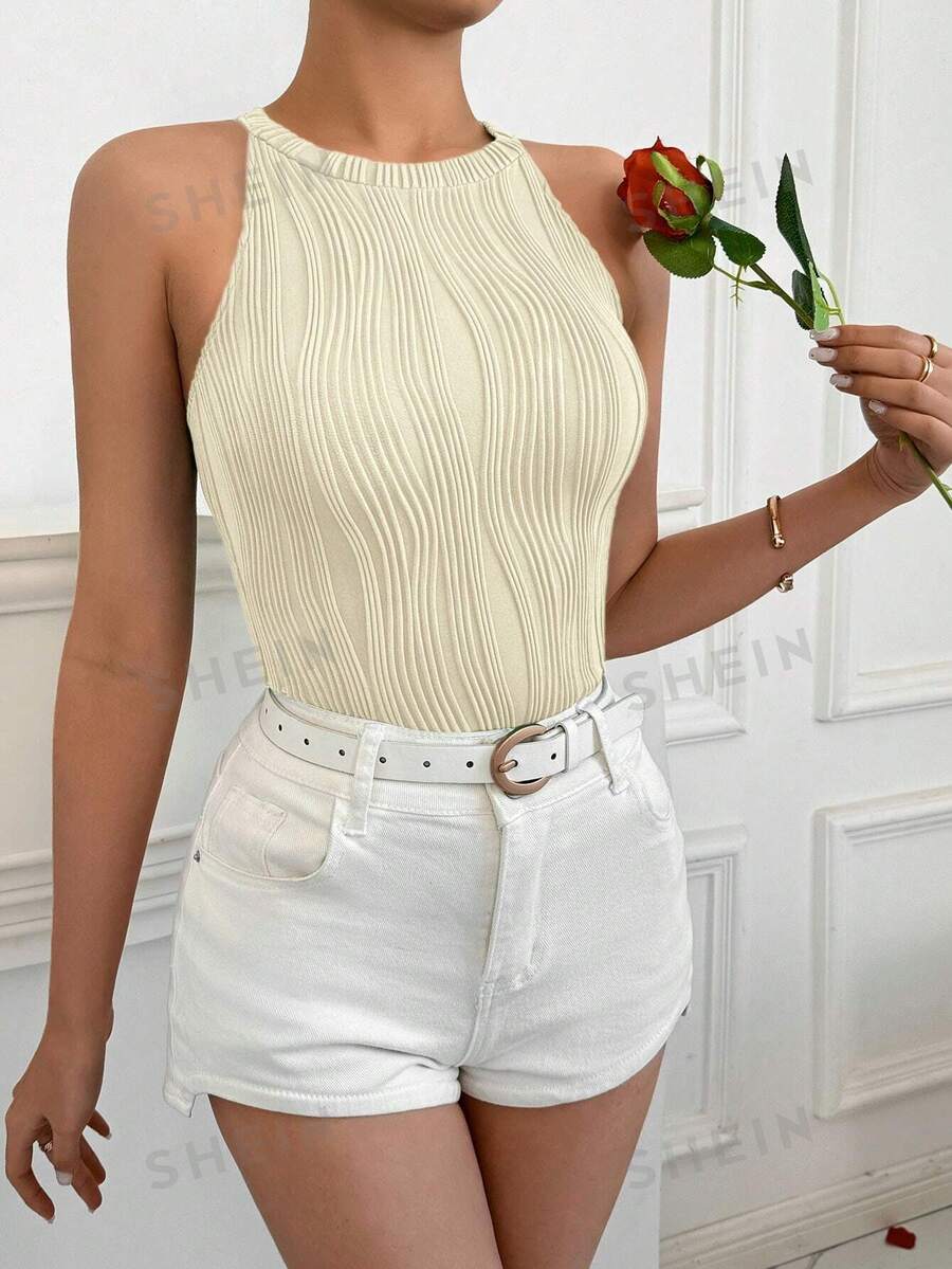 SHEIN Privé Top de malha sem mangas texturizado com gola halter para ...