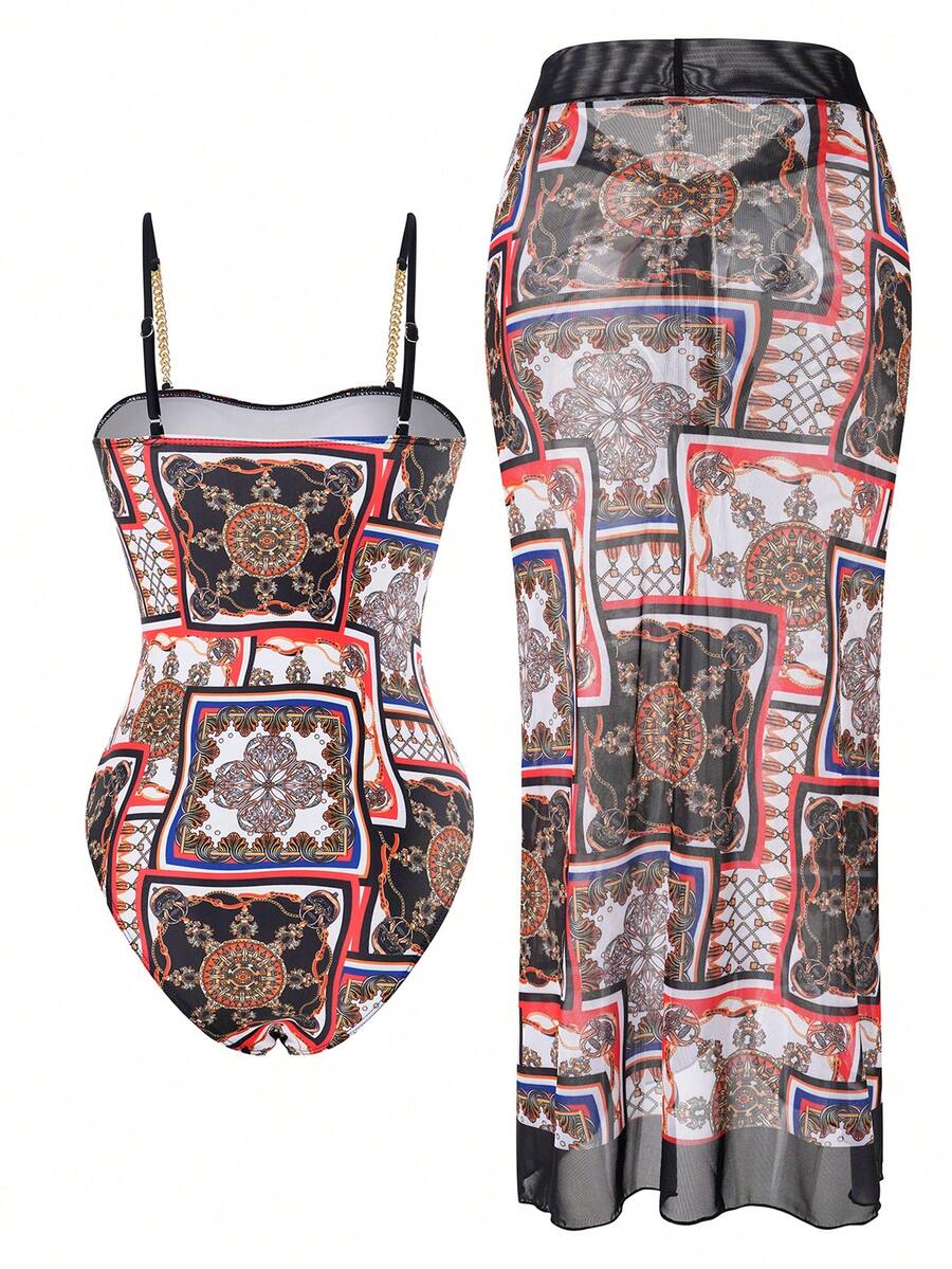SHEIN Swim Oasis Vintage Print Beachwear Set For Women: One-Piece ...