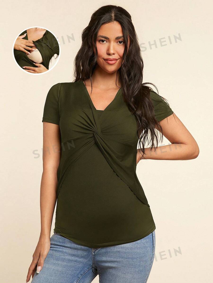 SHEIN MaterniWear Maternity Summer Twist Front Knit Nursing T-Shirt For Casual And Home Wear ...