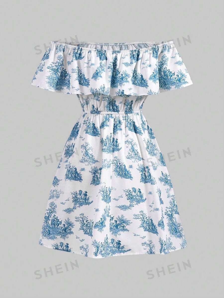 SHEIN Privé Women Elegant And Romantic Blue And White Floral Printed ...