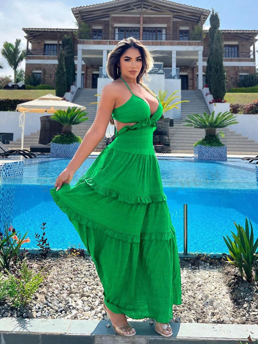 Shein Sxy Multi Layered Ruffled Halterneck Straps Hollow Extra Long A