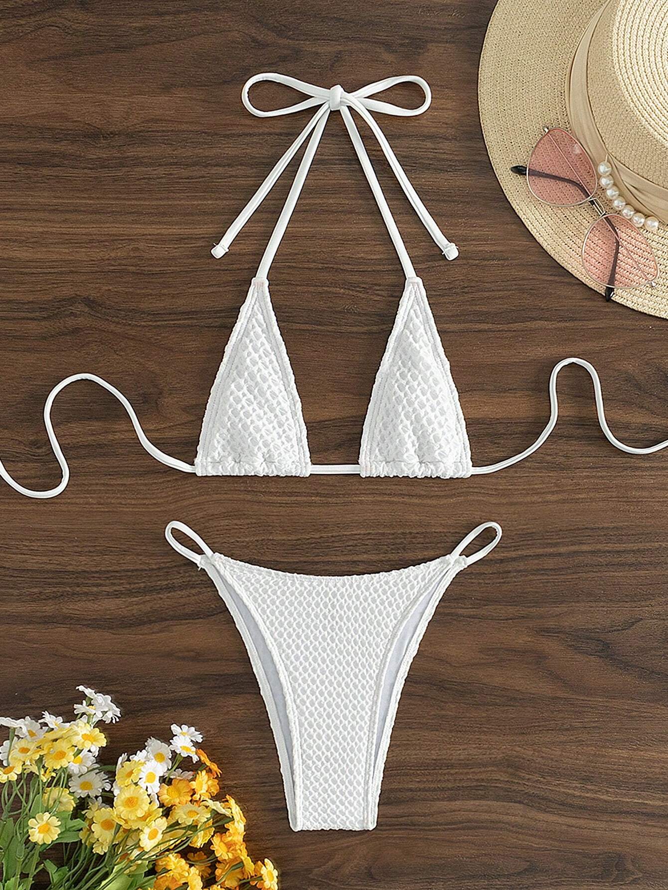 SHEIN Swim Women's Summer Beach Solid Color Texture Micro Triangle ...