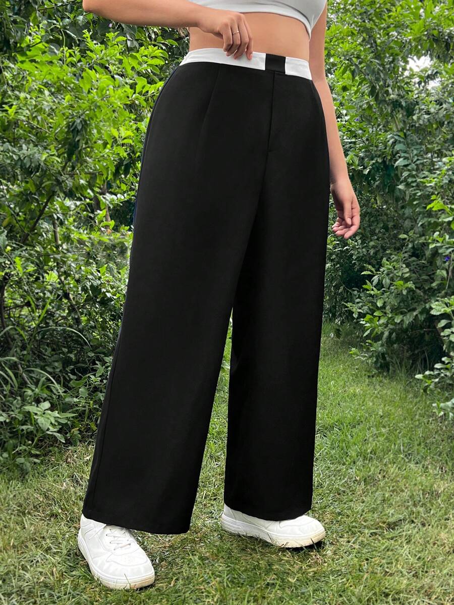 SHEIN EZwear Plus Size Women's Fashion Loose Straight Black Color Block ...