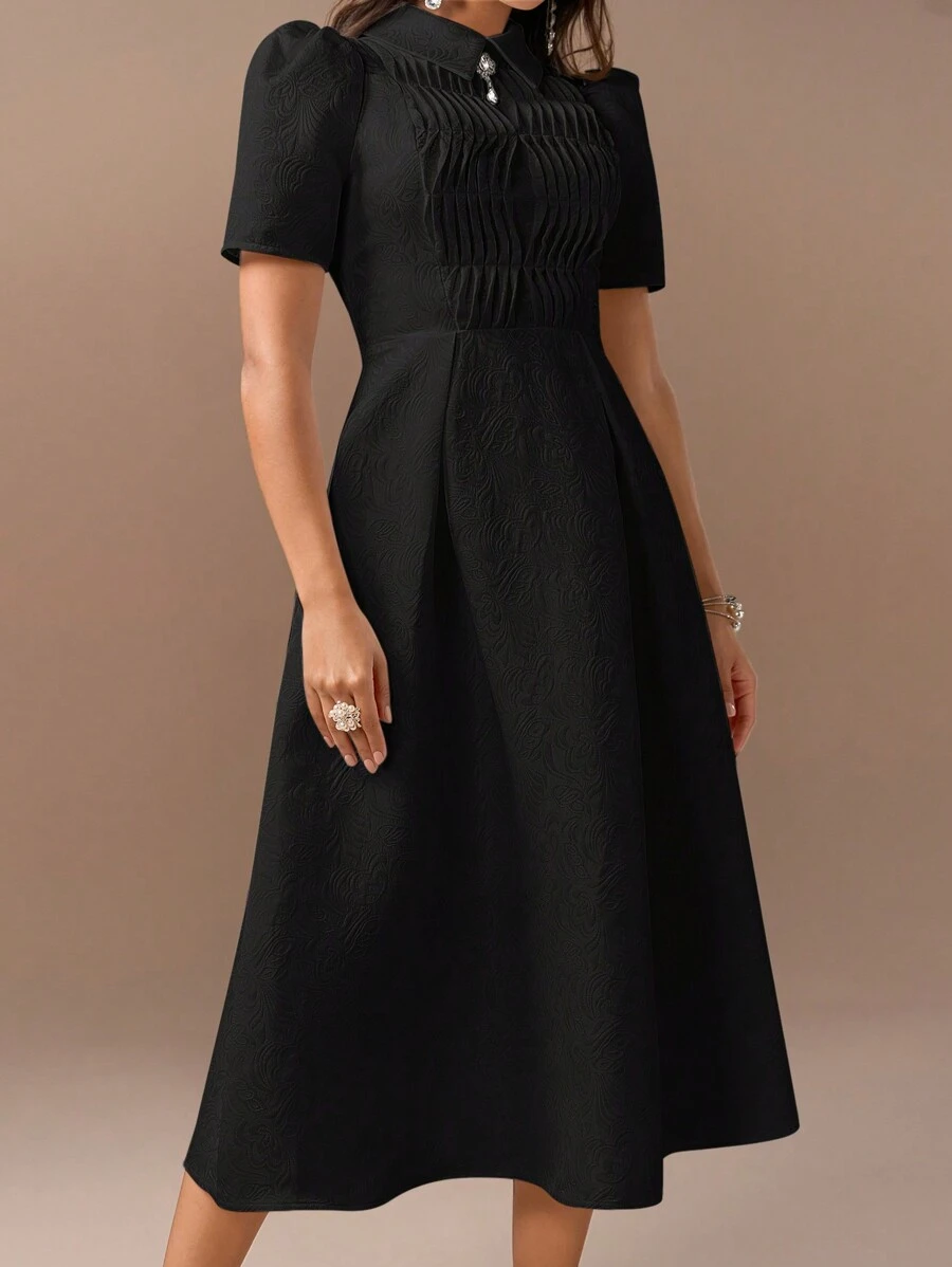 Modelyn Women's Stylish Solid Color Short Sleeve Stand Collar Dress | SHEIN USA