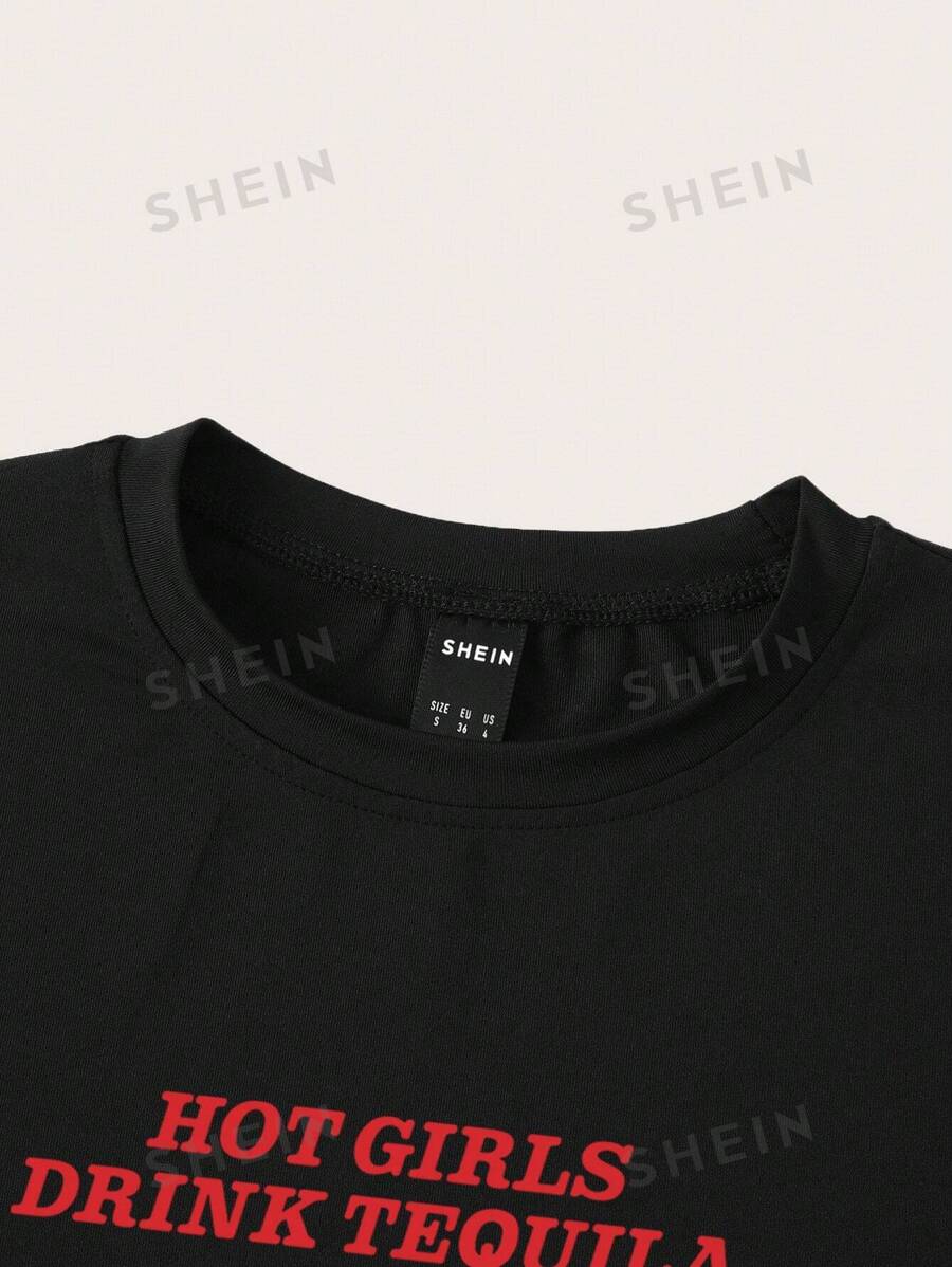 Shein Ezwear Womens Summer Y2k Pink Tequila Slogan Cropped T Shirt Hot