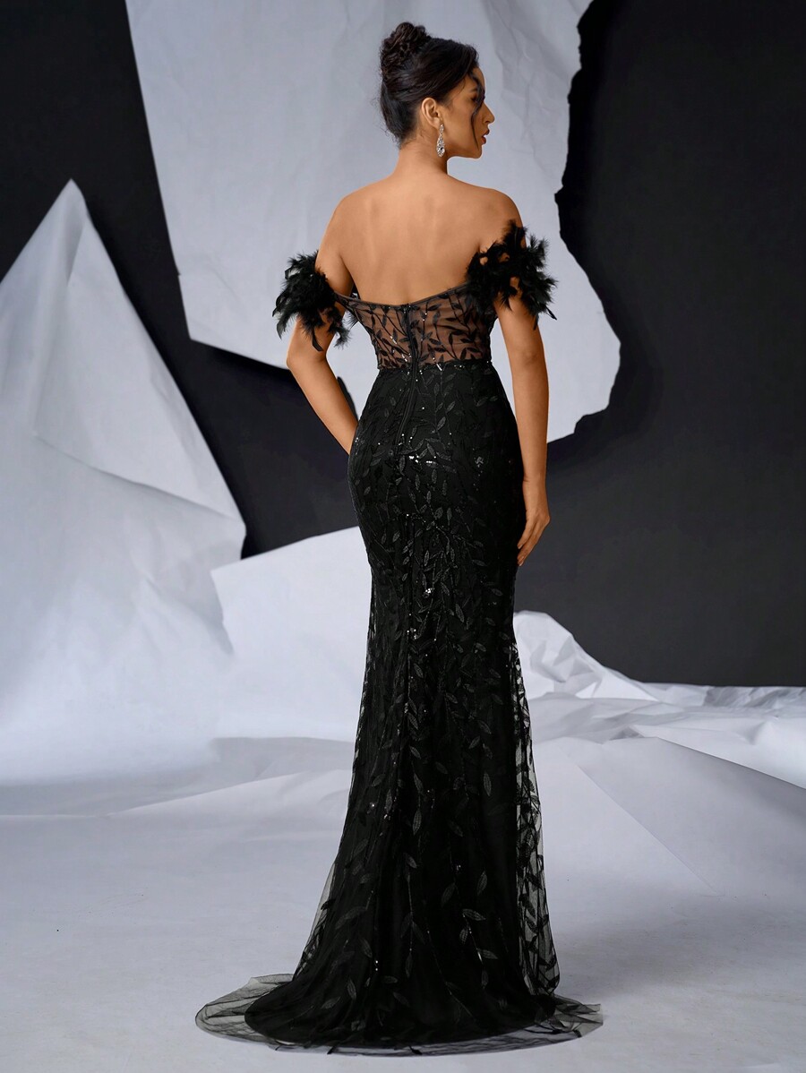 SHEIN Belle Vestido Longo Preto com Ombro a Mostra Elegante e Luxuoso ...