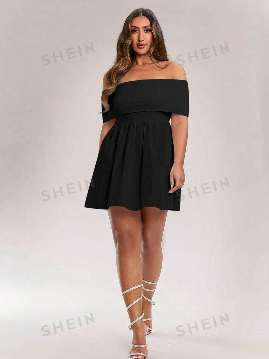 SHEIN BAE Plus Size Women's One-Shoulder Solid Color Splicing Fabric A-Line Sweet Hot Girl ...