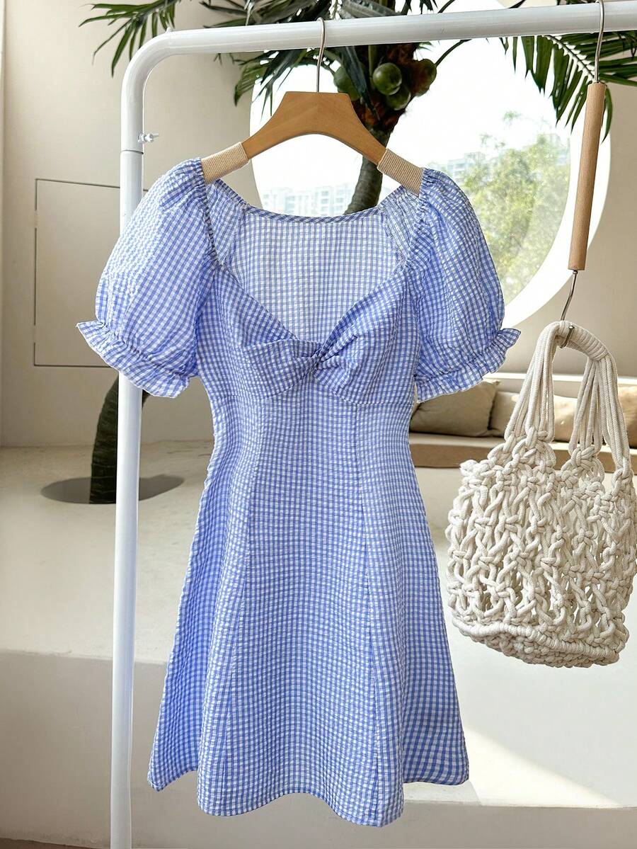 SHEIN WYWH Vestido cuadriculado con cuello cuadrado, diseño de nudo retorcido en el pecho y ...