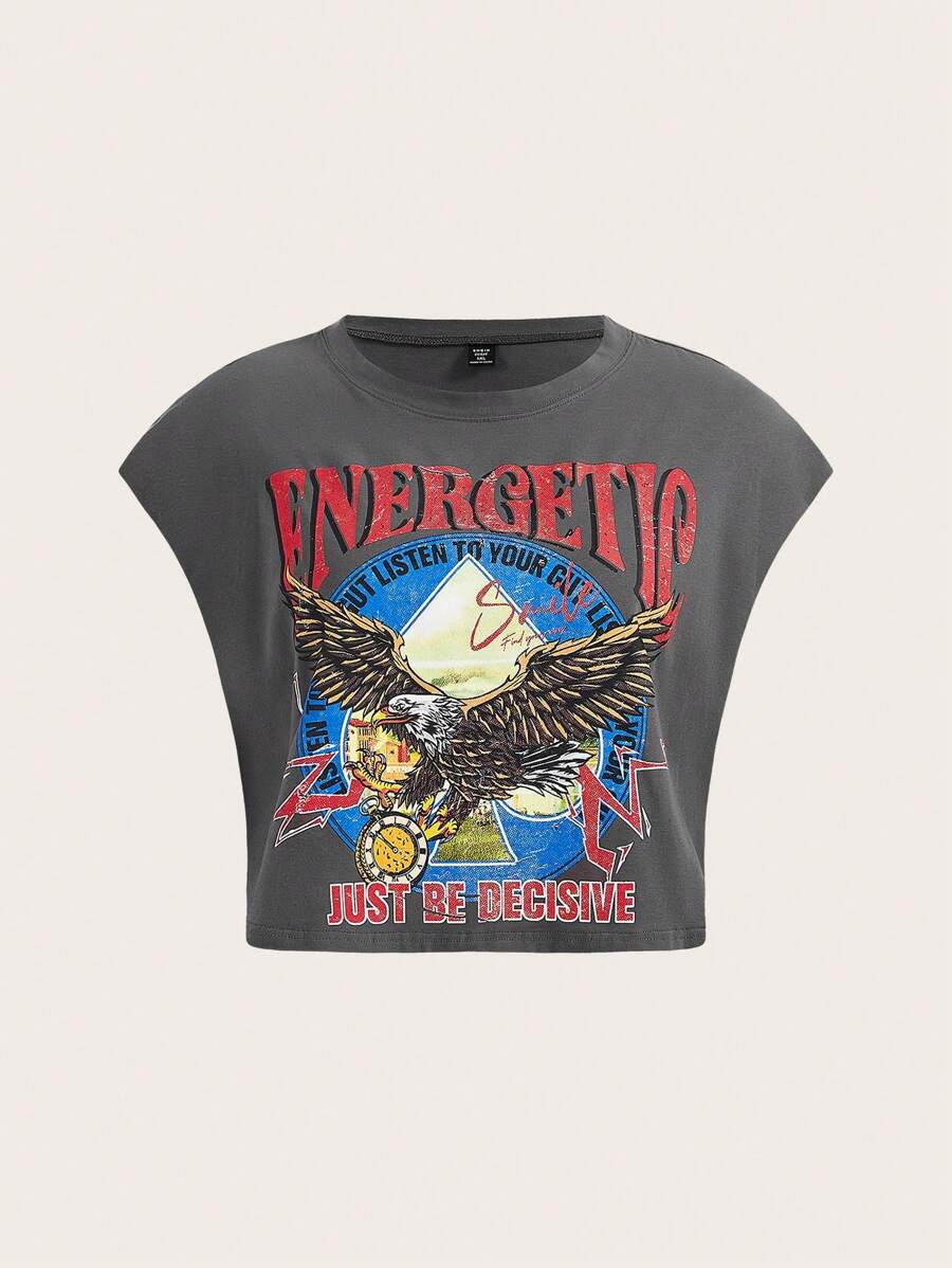 SHEIN EZwear CURVE Plus Eagle & Slogan Graphic Batwing Sleeve Tee ...