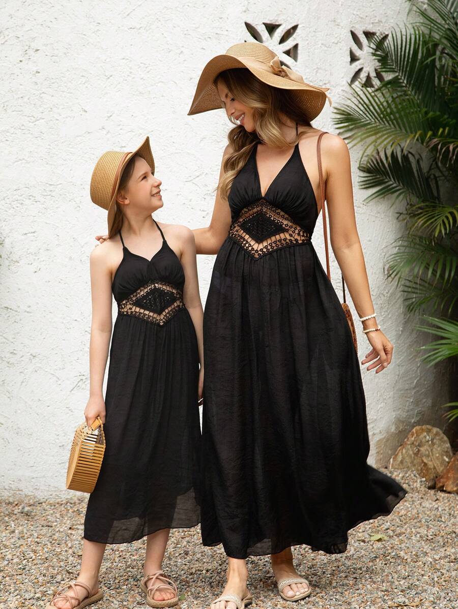 Tween Girl Patchwork Lace Sheer Halter Top With Neck Ties - Mommy And ...