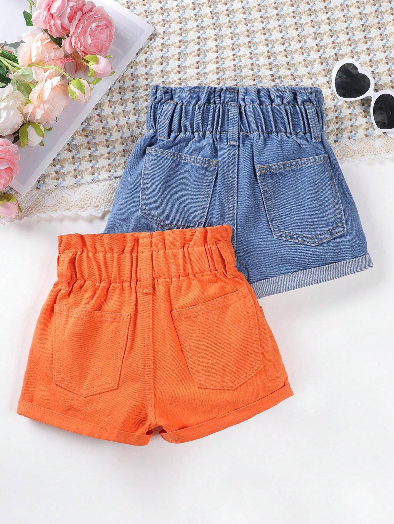 Young Girl Multi-Colored Denim Shorts With Washed Middle-Rise Waistband ...