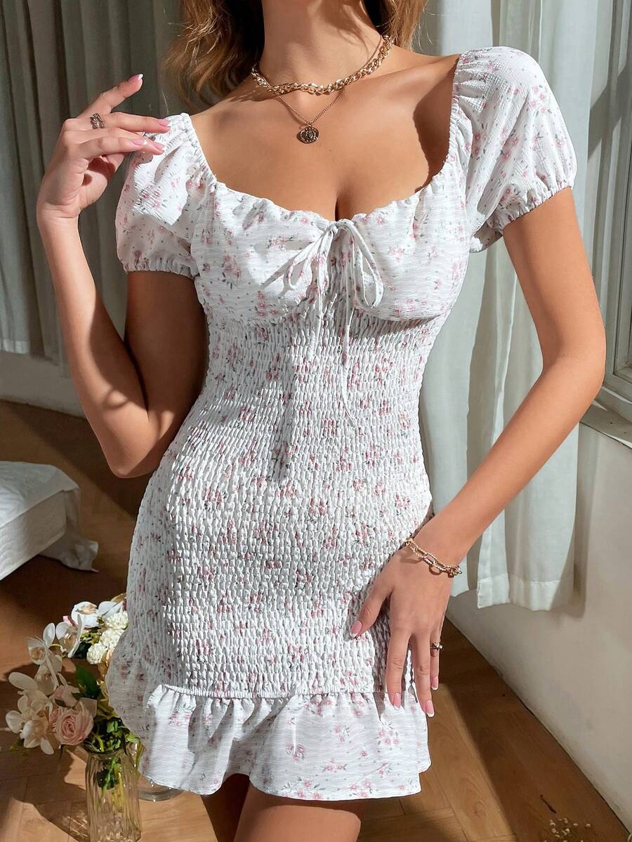 SHEIN Bainha de Ruffle Folhado Nó na gola Florzinhas Boho Vestido | SHEIN Brasil