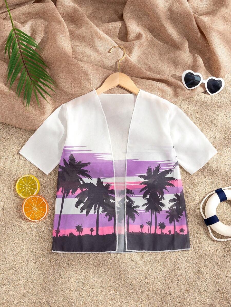 Young Girl Palm Tree Printed Summer Short Sleeve Kimono | SHEIN USA