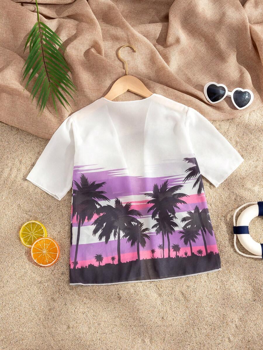 Young Girl Palm Tree Printed Summer Short Sleeve Kimono | SHEIN USA