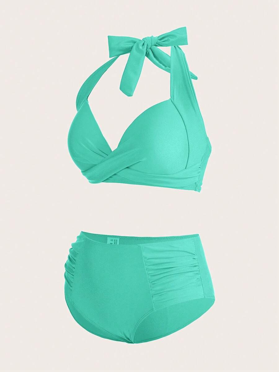Shein Swim Summer Ladies Solid Color Criss Cross Halter Neck Bikini Set