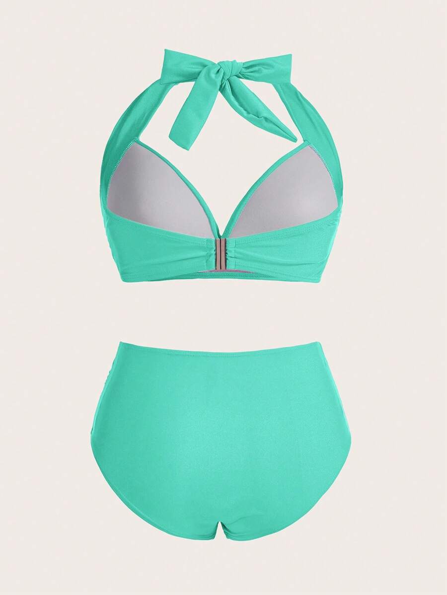 Shein Swim Summer Ladies Solid Color Criss Cross Halter Neck Bikini Set