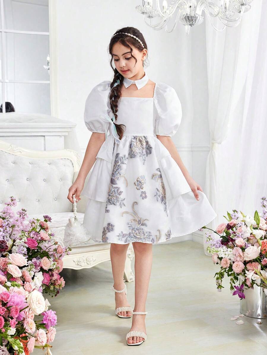 SHEIN Tween Girl Loose Cute Square Neck Puff Sleeve Colorblock Dress ...