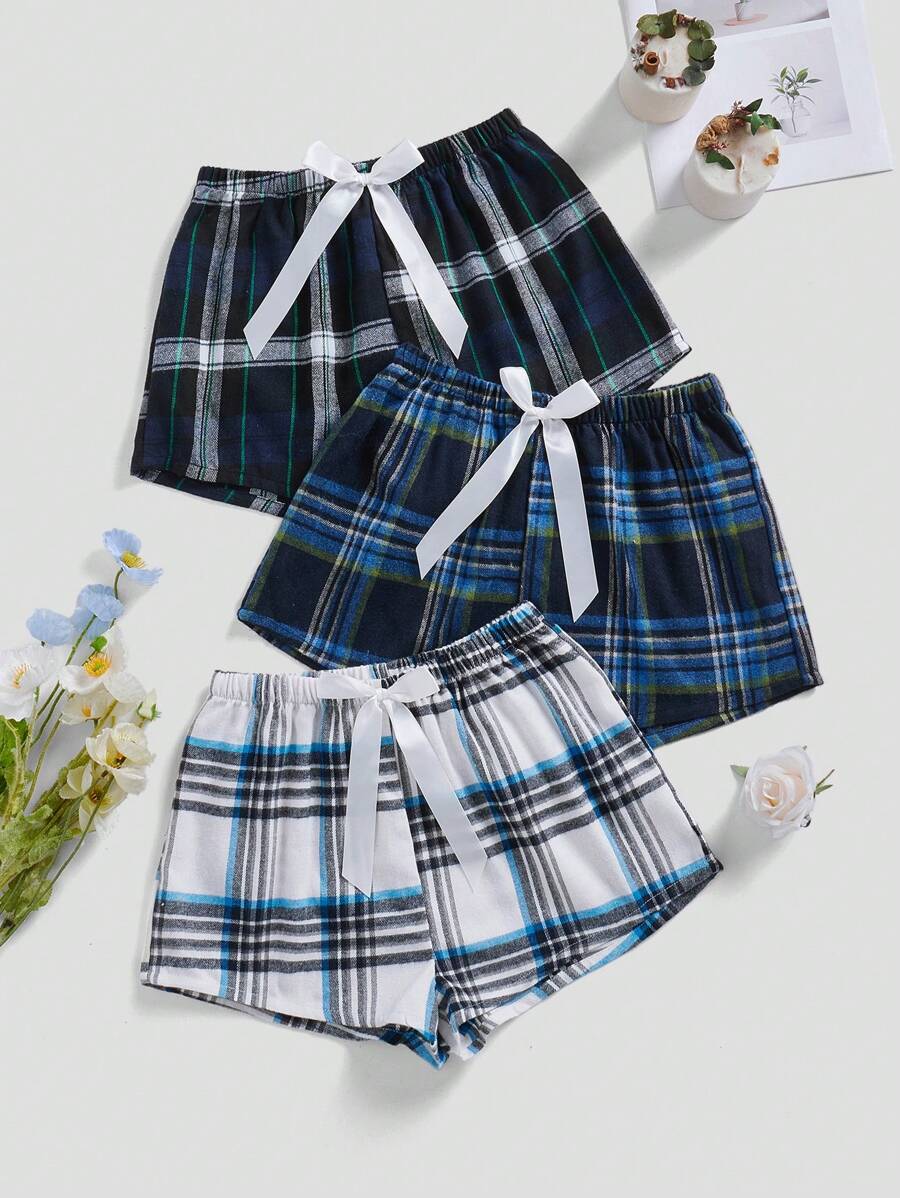 3pcs Casual Plaid Shorts Set Women Home Wear Bottoms Sleep Shorts ...