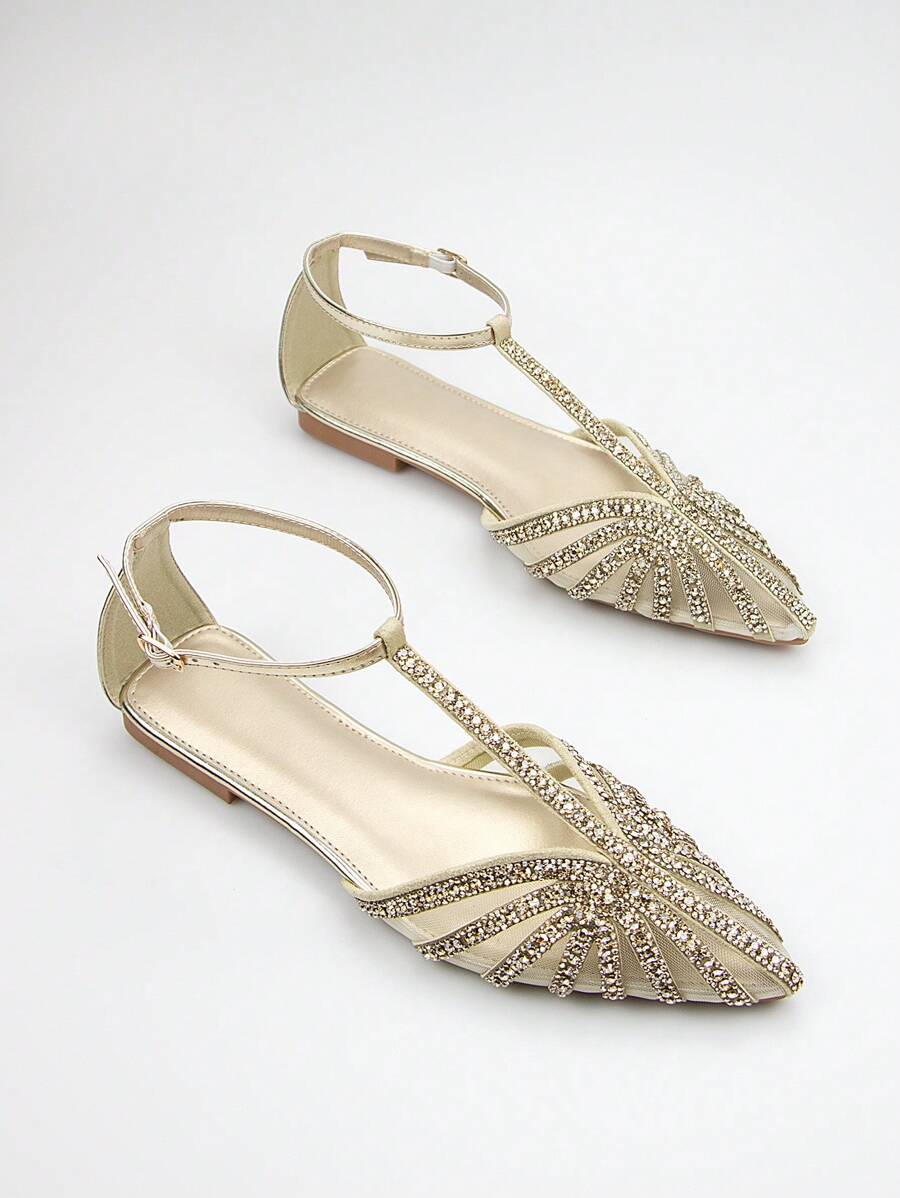 Women's Elegant Flat Shoes With Shiny Rhinestone Decoration, Gold Color ...