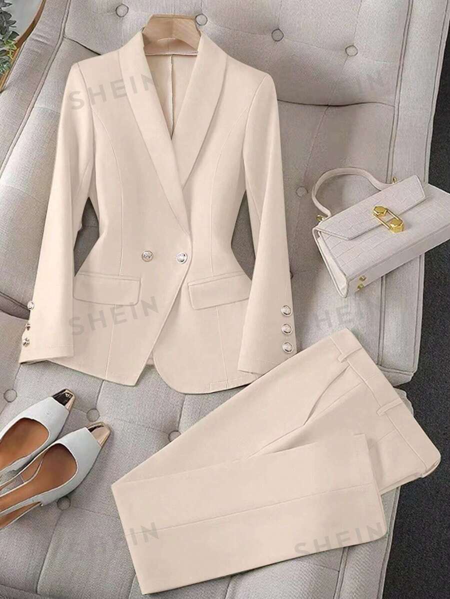 SHEIN Privé Apricot Color Long Sleeve Lapel Women's Suit Jacket And ...