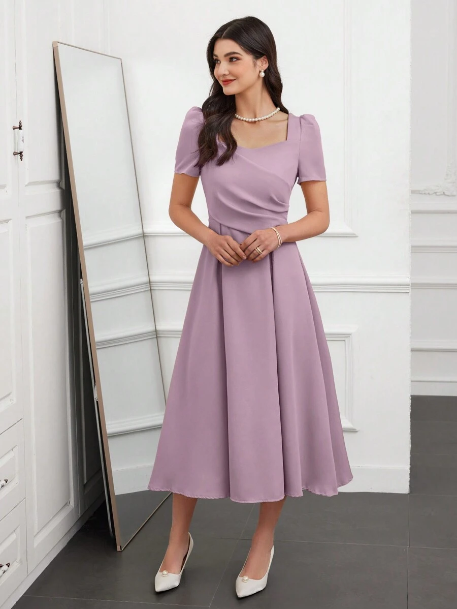 SHEIN Mulvari Women's Solid Color Square Neckline Elegant Summer Dress ...