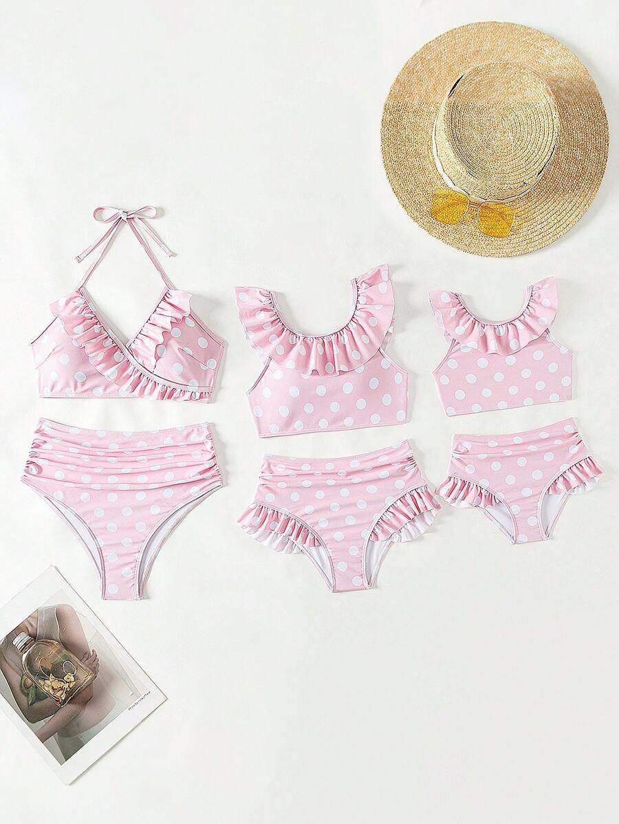Young Girl Pink Polka Dot Printed Bikini Set With Ruffled Hem Mommy