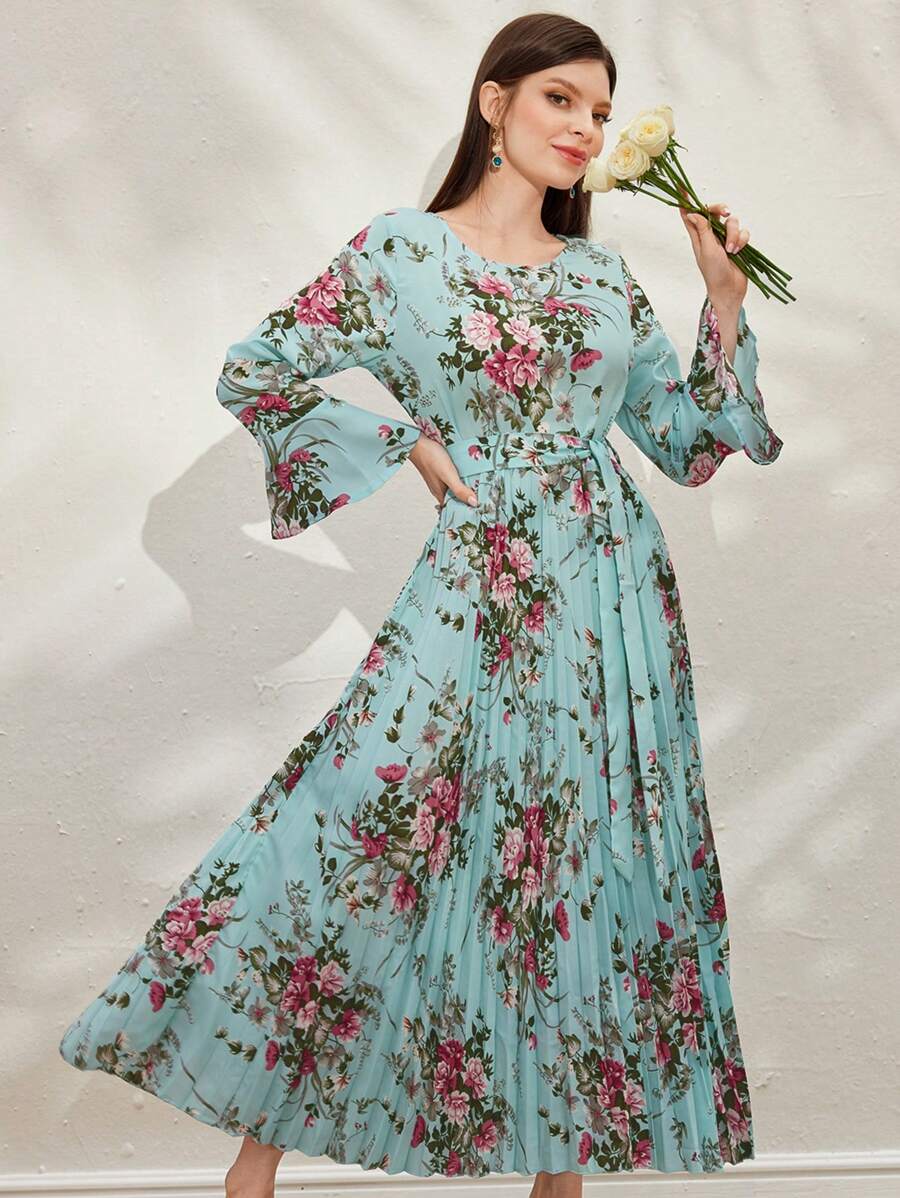 SHEIN Modely Floral Print Ruffle Sleeves Summer Pleated Dress Maxi Women Outfit Long Evening ...