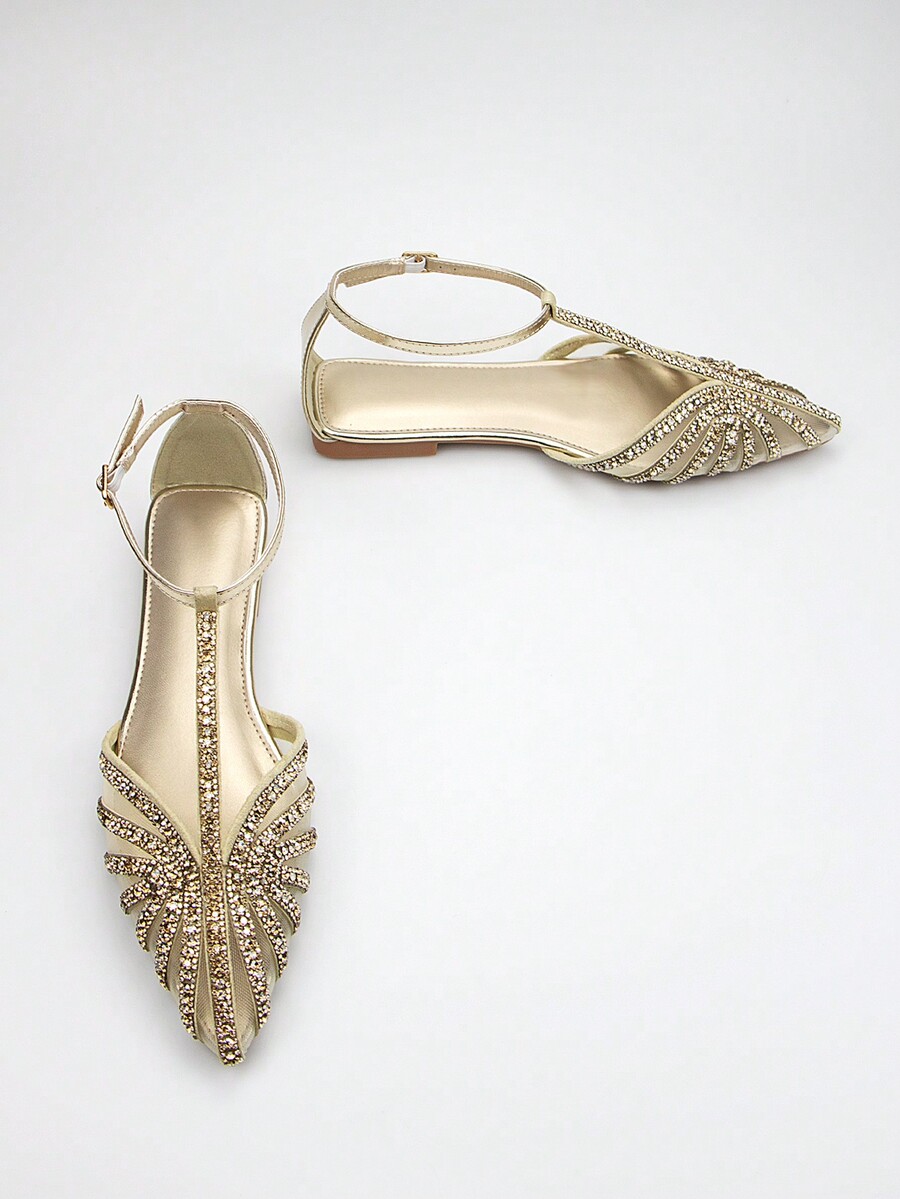 Women's Elegant Flat Shoes With Shiny Rhinestone Decoration, Gold Color ...