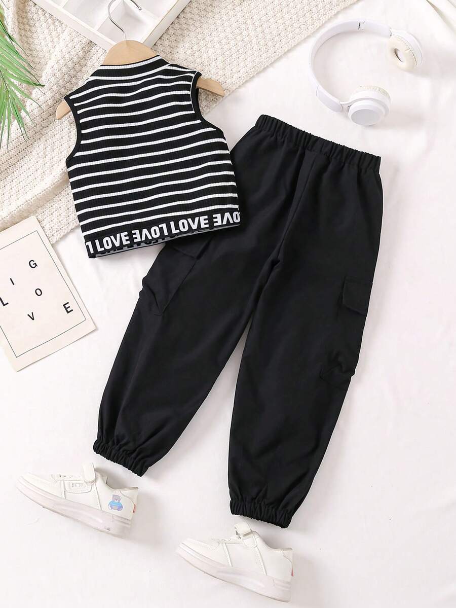 SHEIN Streecool Kids 若い女性用カジュアルストリートスタイル衣装、夏と秋に適した ショートハイネックストライプの無袖タンクトップとゆったりとしたポケット付きカーゴパンツ ...