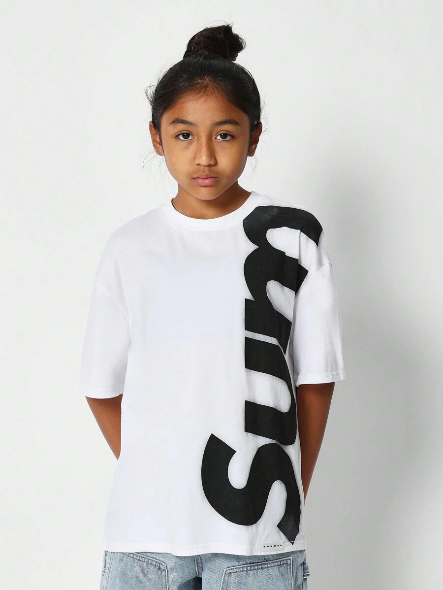 SUMWON Unisex oversized fit T-shirt voor kinderen, met print op de voor ...