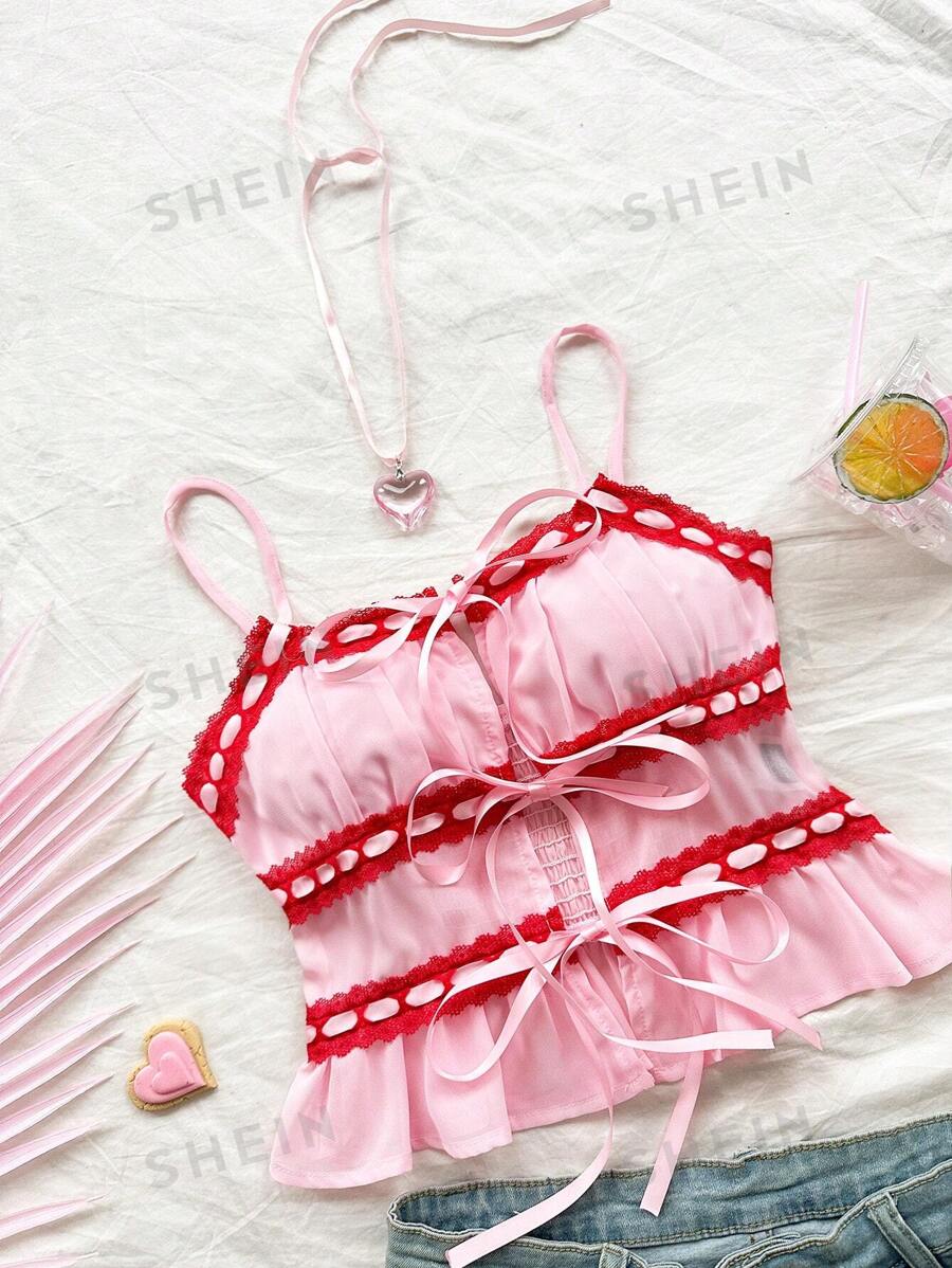 Shein Wywh Wywh Women Pink Mix Red Lace Up Halterneck Top With Ruffle