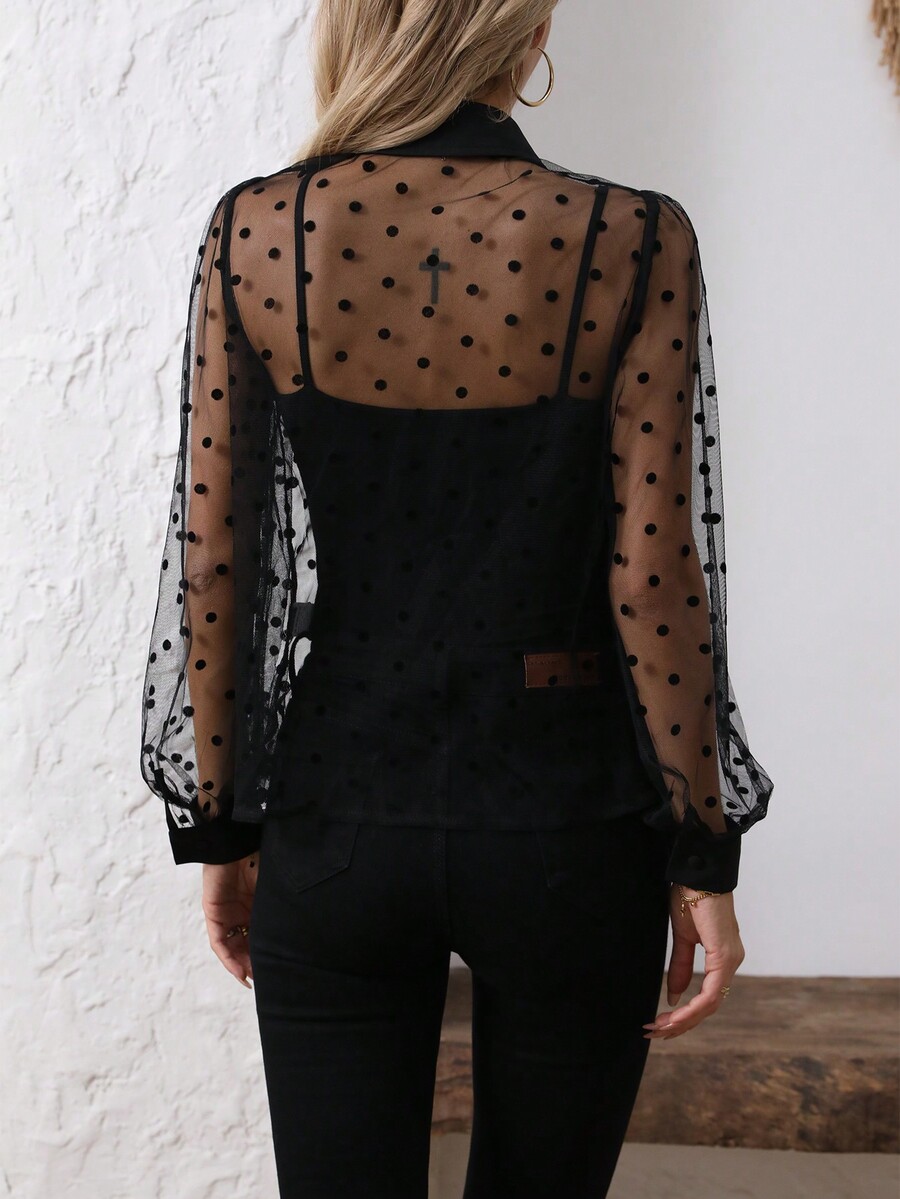 SHEIN EZwear Solid Color Turn-Down Collar Mesh Splice See-Through Sexy Long Sleeve Shirt | SHEIN EUR