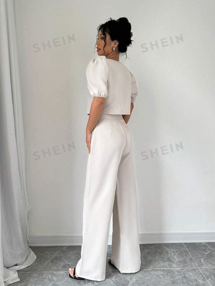 Shein Privé Womens Elegant Two Piece Set Round Neck Short Puff Sleeve