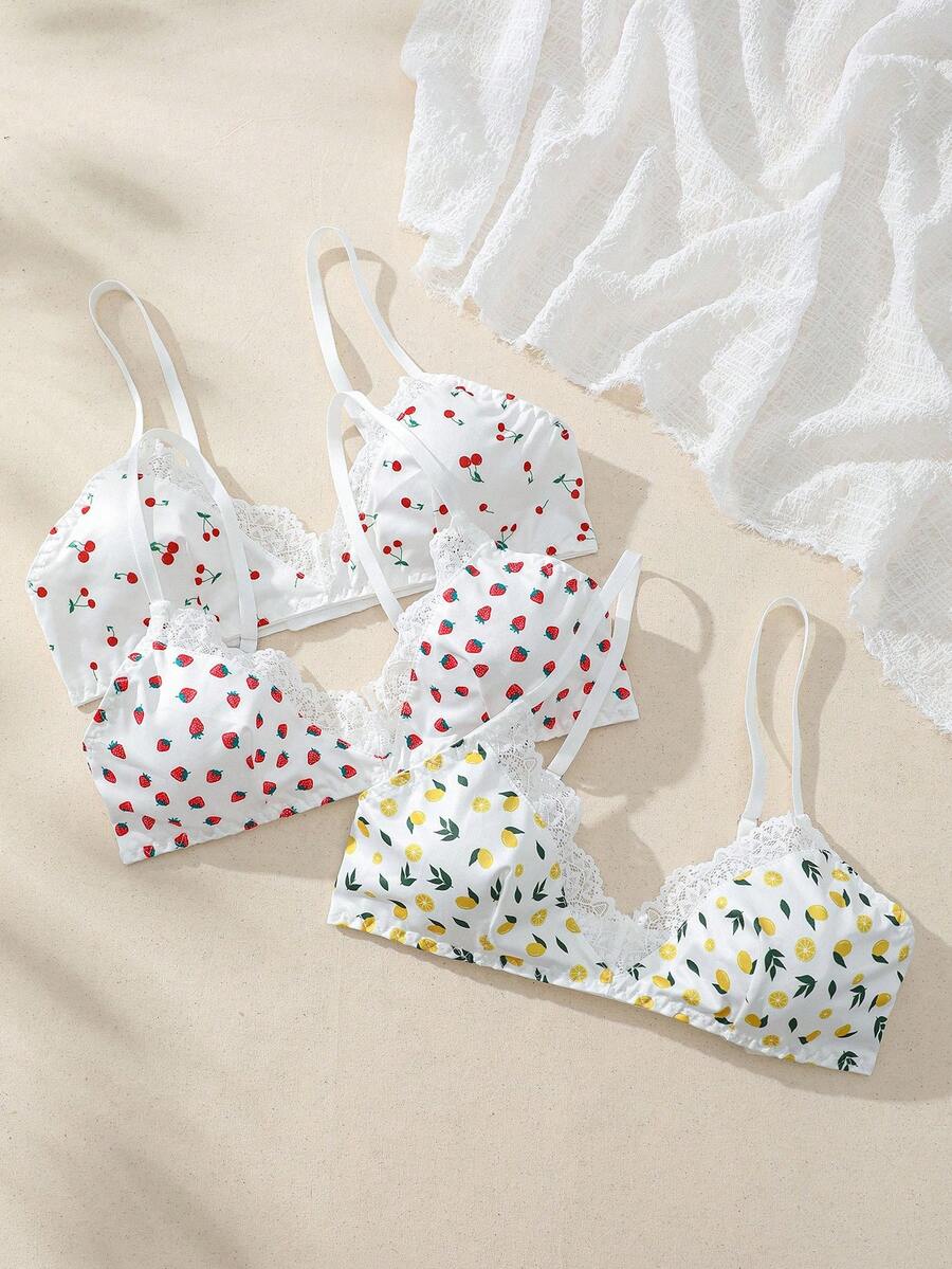 Lace Spliced Sweet Fruit Print Women's Bra With Thin Shoulder Straps ...