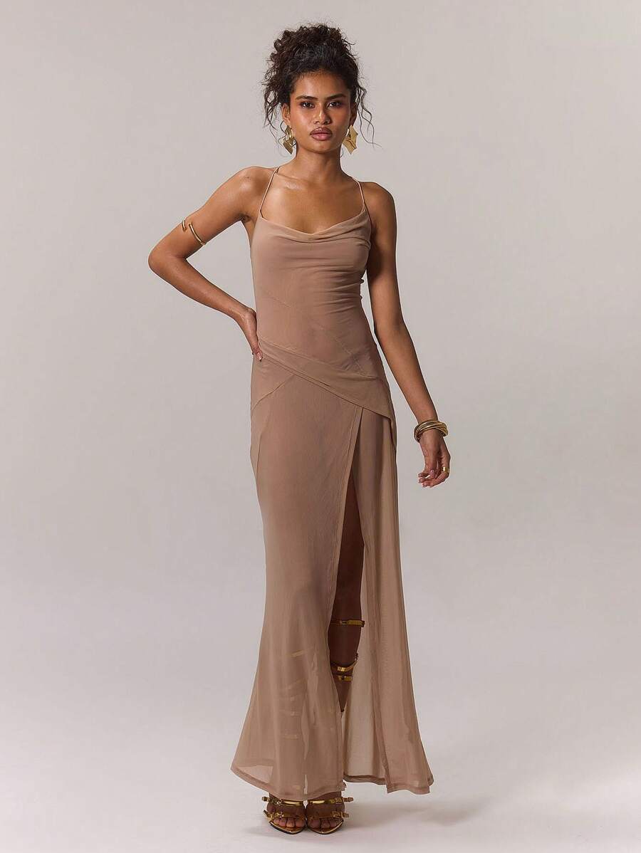 MUSERA Sexy Women Plain Color Mesh Draped Split Thigh Maxi Cami Dress ...