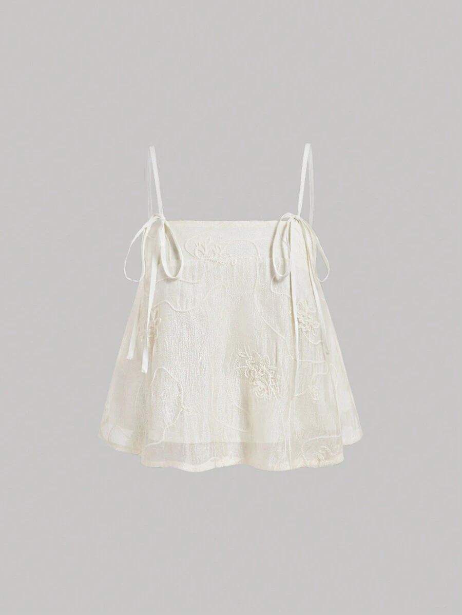 SHEIN MOD Creamy Beige Organza Ribbon Embroidered Mesh Texture Bowknot ...