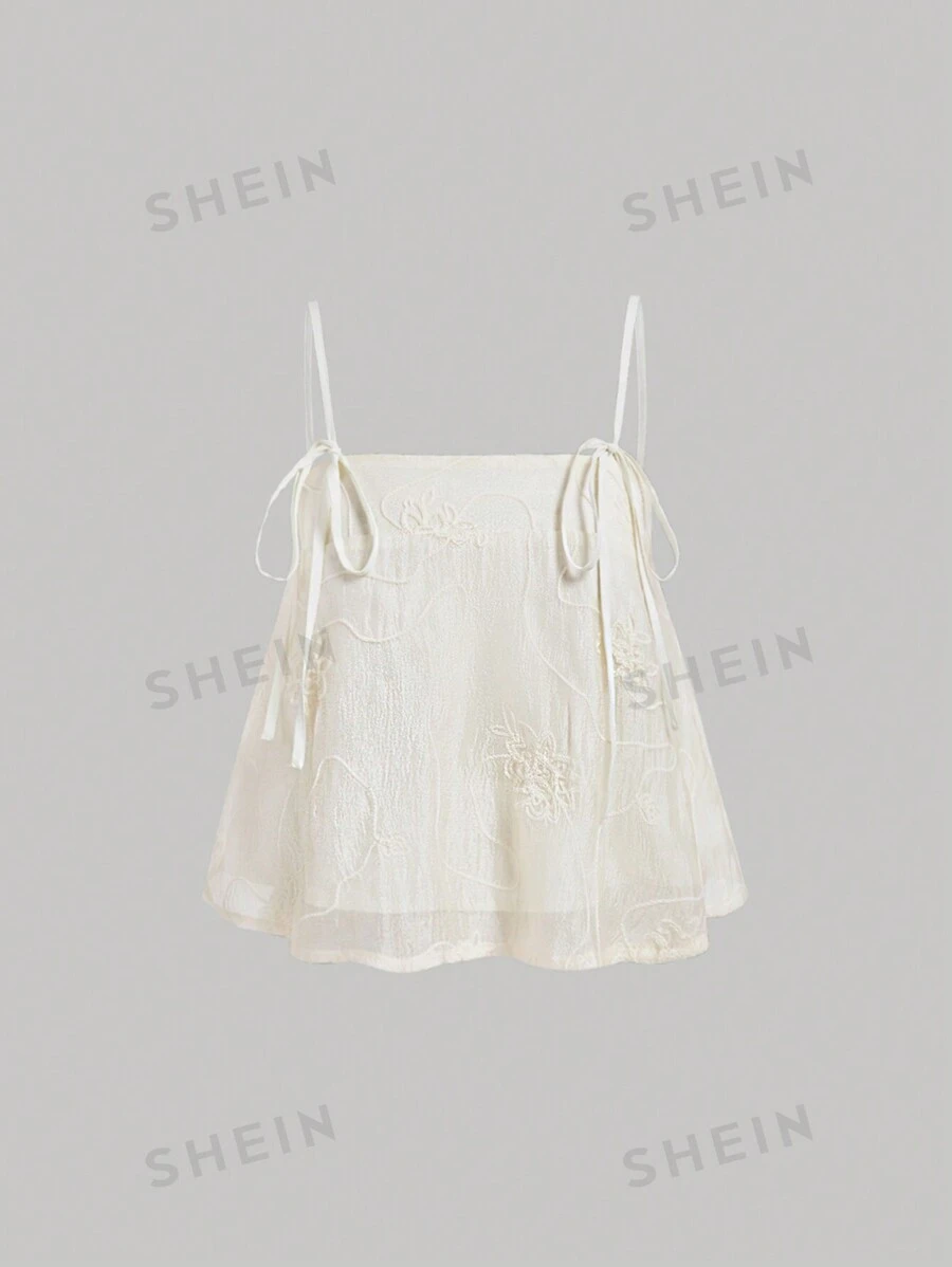 SHEIN MOD Creamy Beige Organza Ribbon Embroidered Mesh Texture Bowknot ...