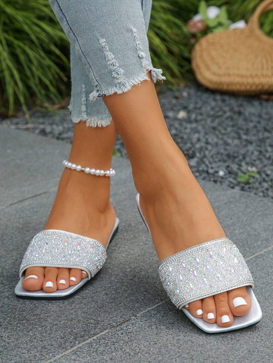 Women's Rhinestone Decorated Diamond Shaped Flat Sandals, Square Toe ...