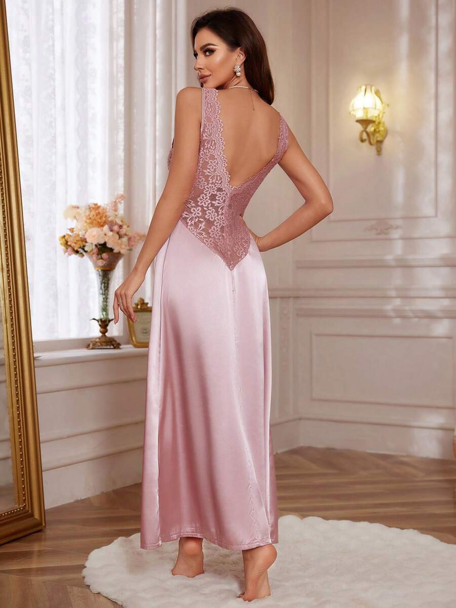 Contrast Lace Satin Backless Pajama Night Long Dress | SHEIN USA