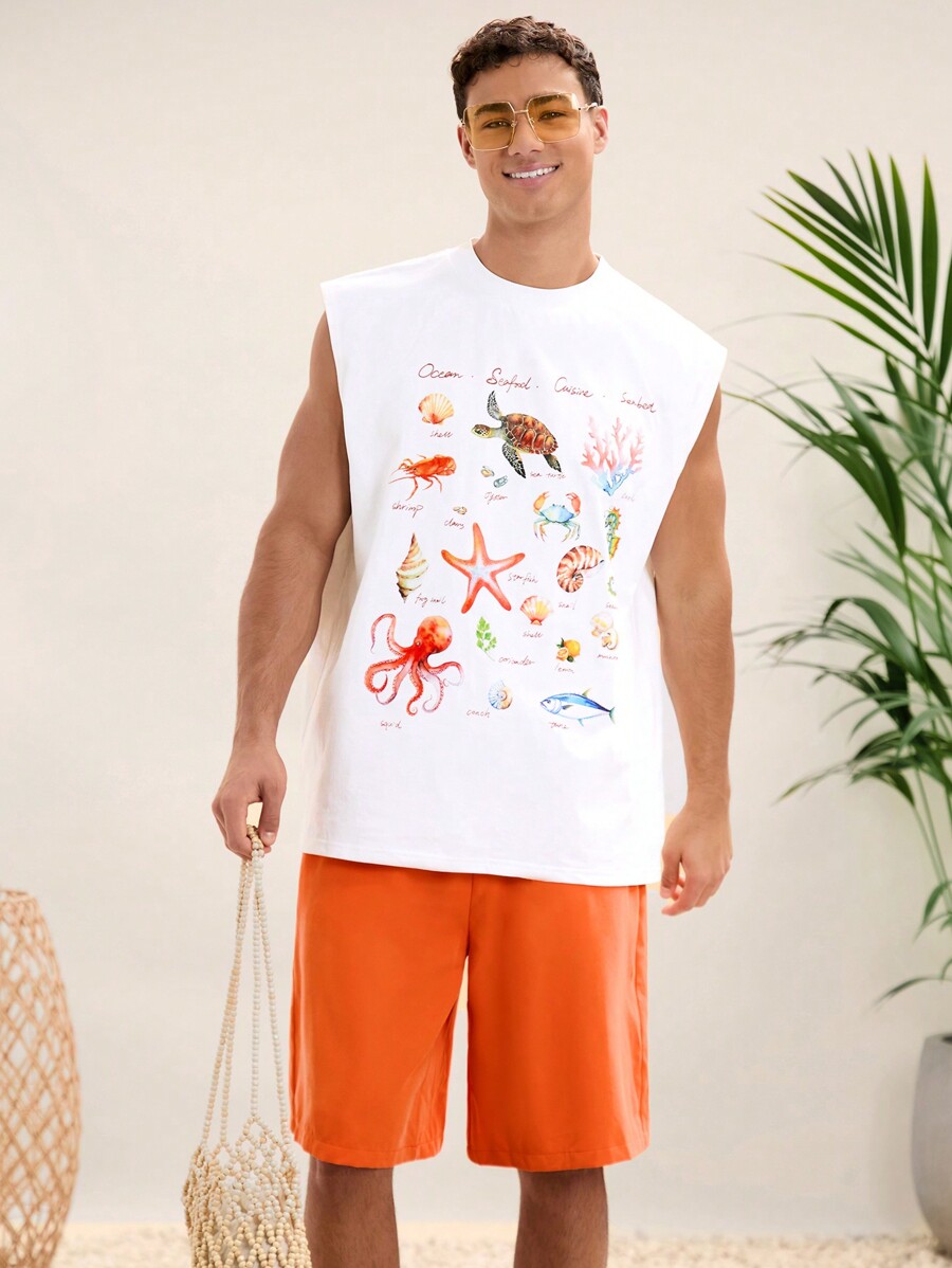 Manfinity VCAY Men's Beach Outfit, Lightweight And Breathable, With Ocean Printed Knit Casual ...