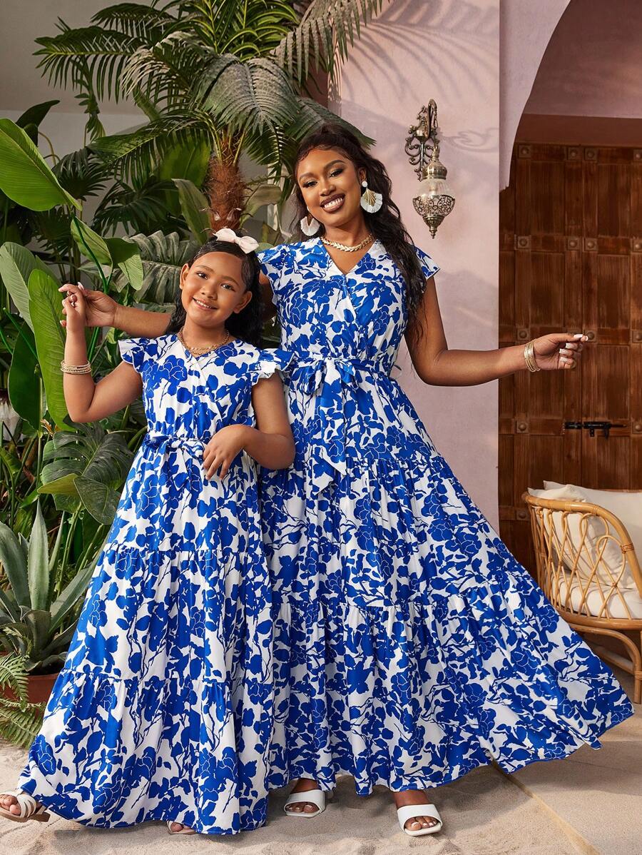 SHEIN Tween Girl Extended Size Holiday Floral Print Ruched Dress With ...