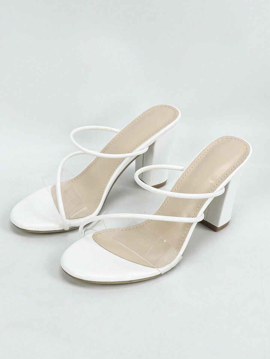 Sandálias de salto alto brancas com bico redondo para mulheres, salto grosso, de bico aberto ...