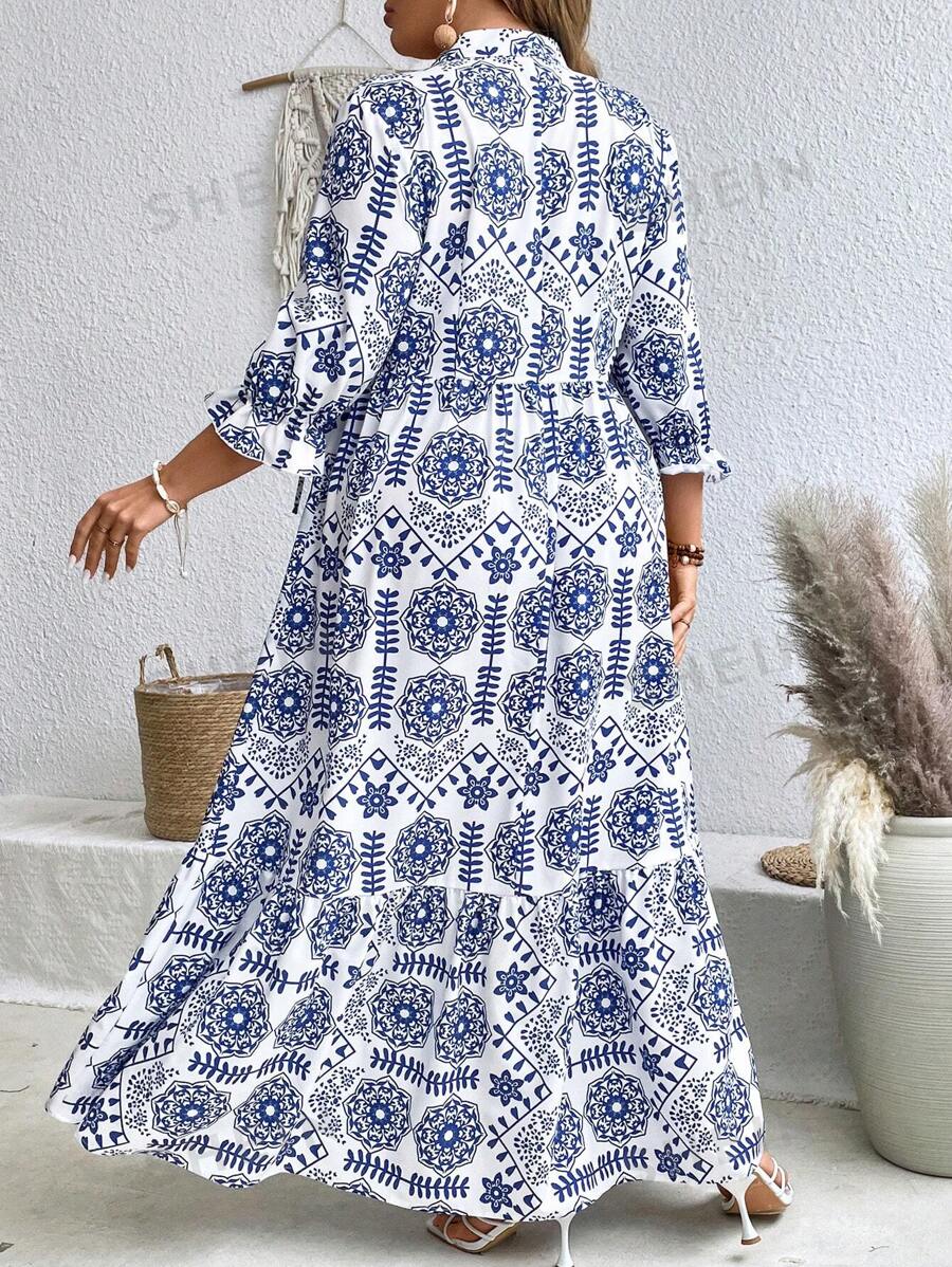 SHEIN VCAY Plus Size Print Blue & White Pattern Midi Dress With Half ...