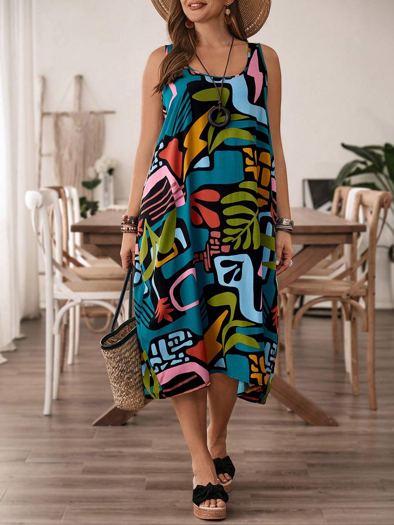 EMERY ROSE Plus Size Summer Holiday Casual Sleeveless Cocoon Shape Dress With Plant Print ...