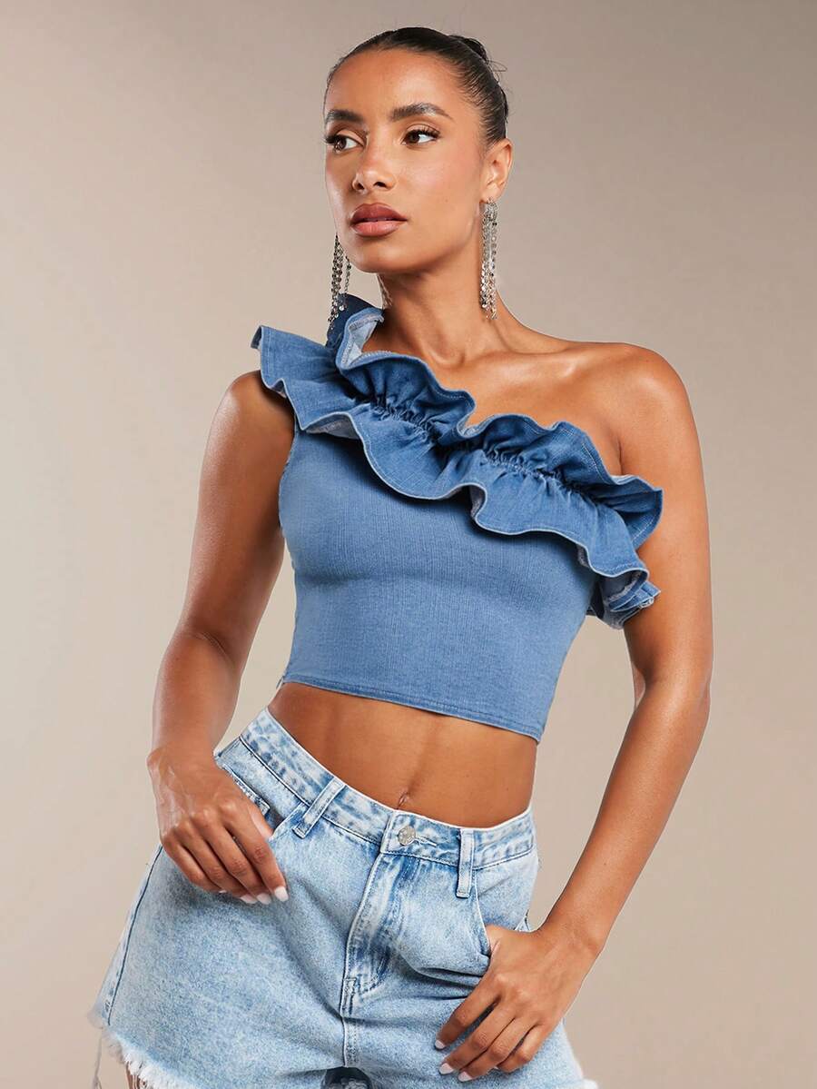 SHEIN BAE One Shoulder Ruffle Trim Crop Denim Tops&Rave Festival ...
