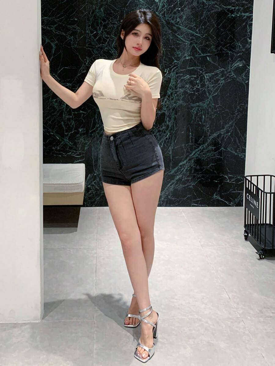 DAZY Camiseta de manga corta ceñida para mujer de verano con cuello redondo estampado | Moda de ...